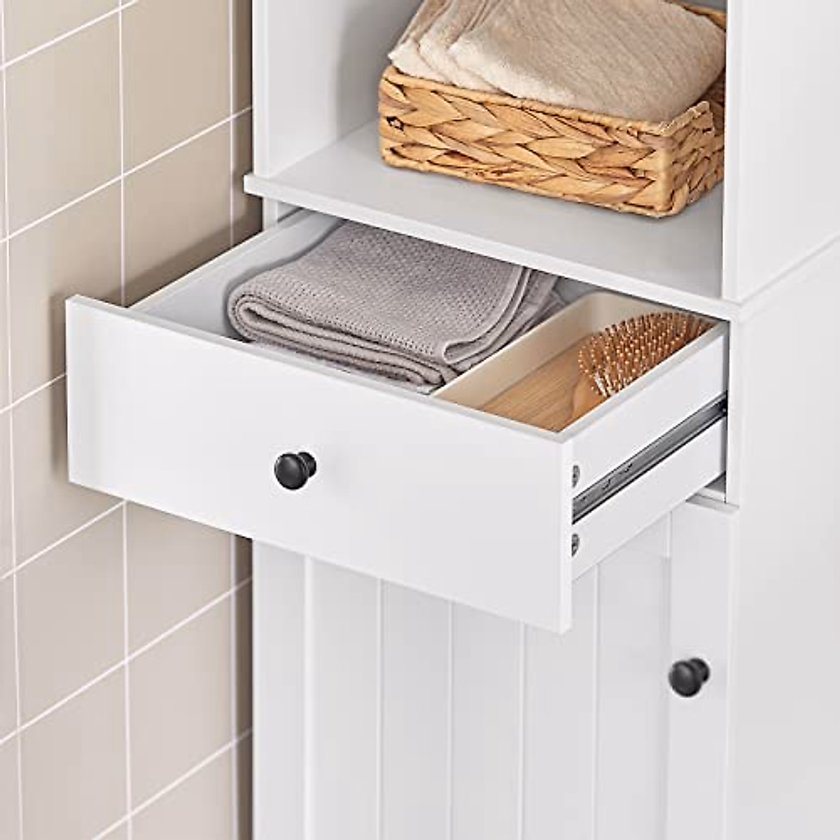 SoBuy Floor Standing Tall Bathroom Storage Cabinet with Shelves and Drawers, Linen Tower Bath Cabinet, Anti-Tipping Multifunctional Corner Unit, White BZR17-W