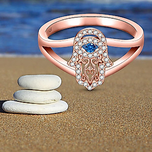 Evil Eye Hamsa Ring Hand of Fatima Rings for Women 925 Sterling Silver Protection Good Luck Spiritual Rose Gold Plated Blue Third Eye Jewelry Dainty Christmas Gifts Size 7