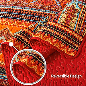VAPUTAR Cotton Quilt Queen Size Bedding Set - 3 Pieces Queen Quilt Bedding Set, Boho Queen Size Quilts, Lightweight Reversible Coverlets Bedspreads for Farmhouse Bedroom (Red/Orange)