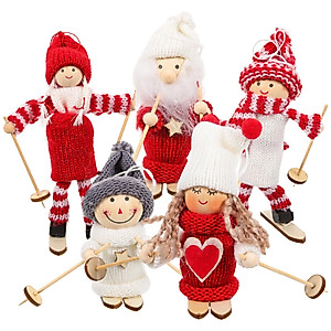 Amosfun Christmas Figurine Holiday Wooden Figure Miniature Ski Doll Ornament Gift Table Adults 5pcs (Mixed Pattern)