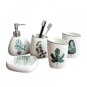 Bathroom Accessory Set, 5-Piece Decorative Ceramic Bathroom Accessories Set,Toothbrush Holder, Liquid Soap Dispenser, Soap Dish, 2 Tumblers | housewarming gift, Home Decoration (A)