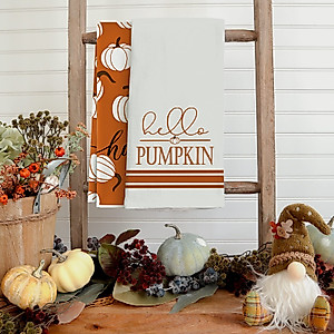 AnyDesign Fall Kitchen Dish Towel 18 x 28 Inch Hello Pumpkin Thanksgiving Harvest Tea Towel Autumn Orange White Dishcloth Rustic Farmhouse Hand Drying Cloth Towel for Kitchen Cooking Baking, 2 Pack