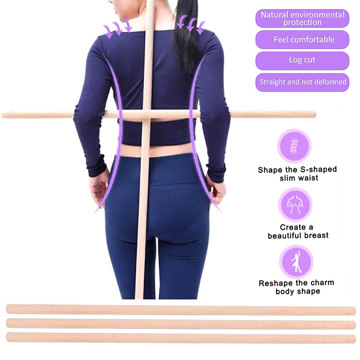 Dilwe Wood Yoga Stick, 3Pcs Open Shoulder Stick Yoga Fitness Yoga Assist Yoga Accessory, 70cmYoga Supplies