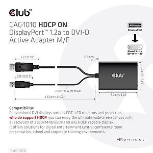 Club 3D CAC-1010 DisplayPort to DVI Dual-Link DVI-D Active Adapter for Your Monitor/Display - USB A Powered – 2560x1600 Resolution HDCP Supported NOT for Apple Cinema Monitors, Black