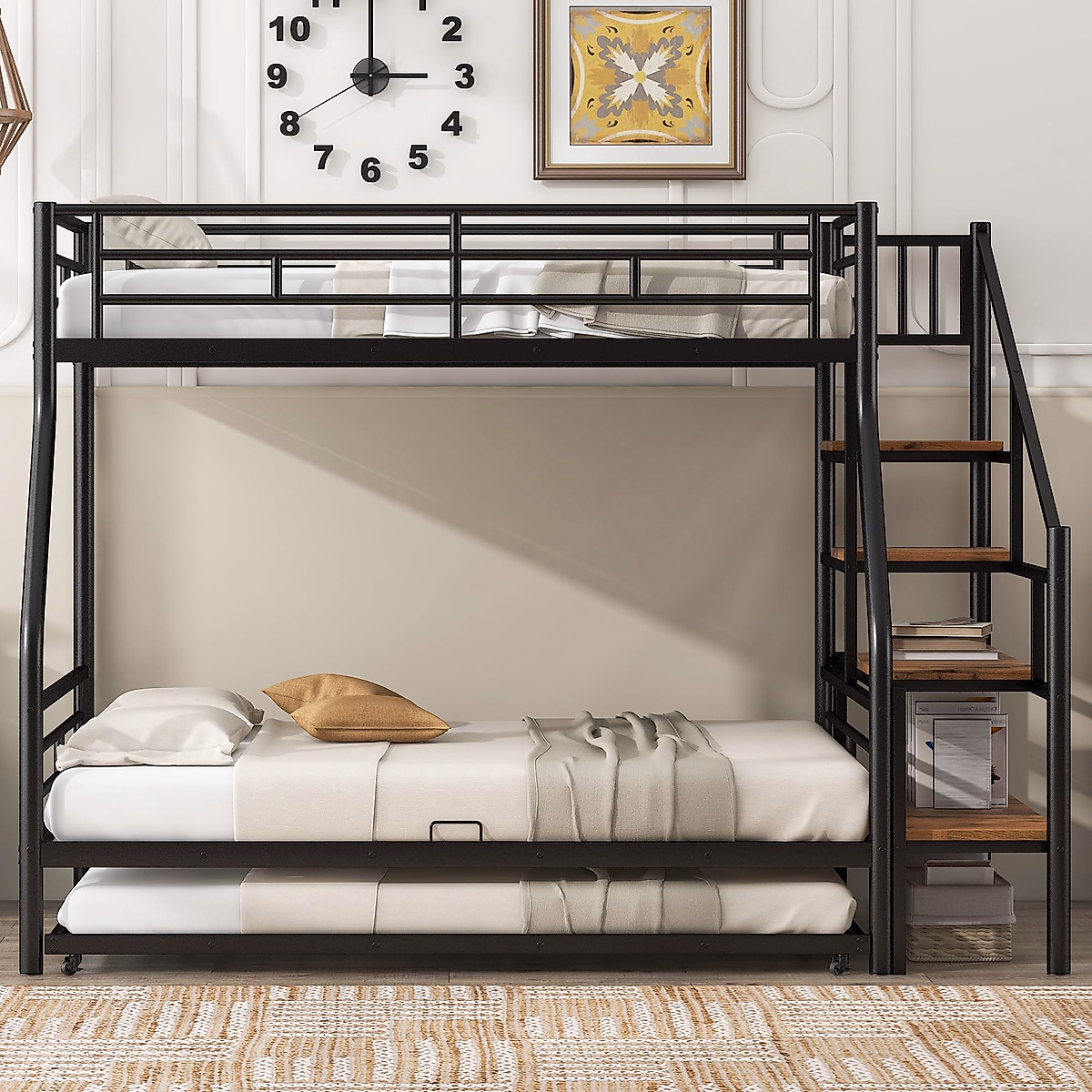 Jintop Twin Over Full Size Metal Bunk Bed with Trundle and Storage Staircase,Bedroom Heavy Duty Bed Frame W/Full-Length Guardrail,Save Space,for Kid Boy Girl Adult,Black