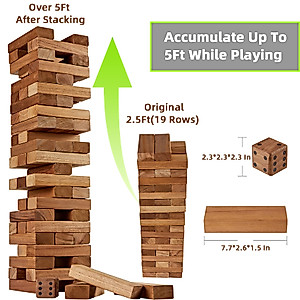 Pointyard 56PCS Giant Tumble Tower [Stack to 5FT+], Carbonized Pine Wooden Tumble Timber Game Set for Teens Adults Family - Classic Stacking Block Party Game with 1 Dice | Scoreboard | Carry Bag