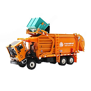 FUBARBAR Garbage Truck Toy, Model 1:43 Scale Metal Diecast Recycling Clean Trash Garbage Rubbish Waste Transport Truck Alloy Model Car Toy Garbage Cans for Kids Birthday Party Supplies(Orange)