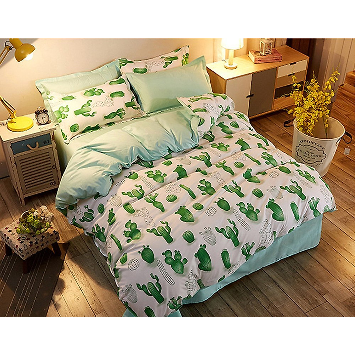 Pangzi Simple Cactus Bedding Set Duvet Cover Set Green White Color 1 Duvet Cover+1 Pillowcase (Twin, Green)