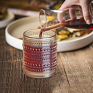 Golden Hobnail Beaded Drinking Glasses Set of 6, 12 oz Vintage Glassware Set Romantic Water Glasses Tumbler, Water Cups, Clear Embossed Glassware Set for Beer, Juice, Cocktail, Soda, Beverages Amber