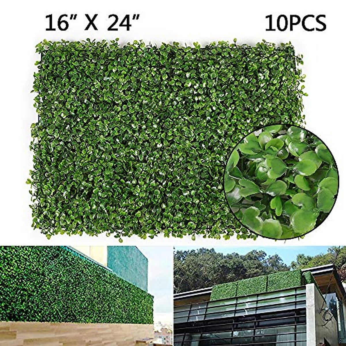 Boshen Pack of 10 PCS 24" x 16" Artificial Grass Green Wall Backdrop Panels 26.6 SQ Ft UV Protected Thickened Faux Boxwood Privacy Hedge Panels Decoration for Party Wedding Backyard Indoor Outdoor