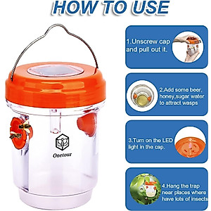 2 Pack Solar Wasp Traps, Solar Powered Wasp Killer Hanging with UV LED Light, Reusable Bee Trap Catcher Outdoor for Hornets, Yellow Jackets