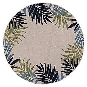 GAD Premium Indoor/Outdoor Patio Tropical Area Rug - Beige, Tan & Green Leaf Rug - Inside/Outside Stain & Fade Resistant Rug for The Porch, High Traffic Deck or Lanai (6'7" Round)