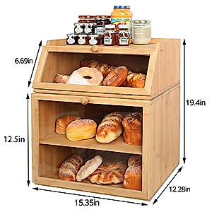 X-cosrack Large Double Separable Bamboo Bread Box Storage with Clear Window and Adjustable Compartment for Kitchen Countertop,Natural