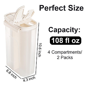 ZENFUN 2 Packs Airtight Pasta Containers, 108 FL OZ Plastic Storage Jars Canisters with 4 Compartments, Cereal Spaghetti Container Storage for Pantry, Grain, Noodles, Beans