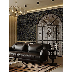 Heroad Brand Peel and Stick Wallpaper 196"x17.3" Black and Gold Wallpaper Boho Peel and Stick Wallpaper Floral Contact Paper Leaf Removable Wallpaper Self Adhesive for Cabinets Shelf Liner Vinyl Roll