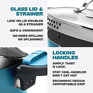 Gotham Steel 5 Quart Stock Pot Ceramic Multipurpose Pasta Pot with Strainer Lid & Twist and Lock Handles, Tempered Glass Lid, Dishwasher Safe, Aqua Blue