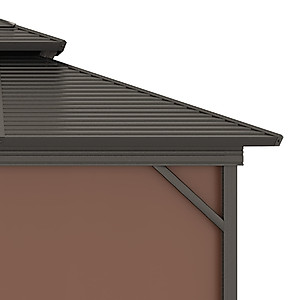 Outsunny 10' x 12' Hardtop Gazebo with Curtains and Netting, Permanent Pavilion Metal Double Roof Gazebo Canopy with Aluminum Frame and Hooks, for Garden, Patio, Backyard, Brown