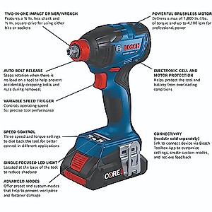 BOSCH GXL18V-260B26 18V 2-Tool Combo Kit with 1/2 In. Hammer Drill/Driver, 1/4 In. and 1/2 In. Two-In-One Bit/Socket Impact Driver, (1) CORE18V 8 Ah Battery and (1) CORE18V 4 Ah Battery