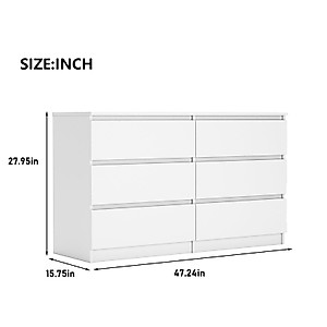 NoeBanJe 47" inch Dresser Sturdy Frame Modern Bedroom Furniture with 6 Drawers Large Capacity Storage Cabinet, Wooden Chest of Drawers for Bedroom, Hallway, Living Room, Entryway (White)
