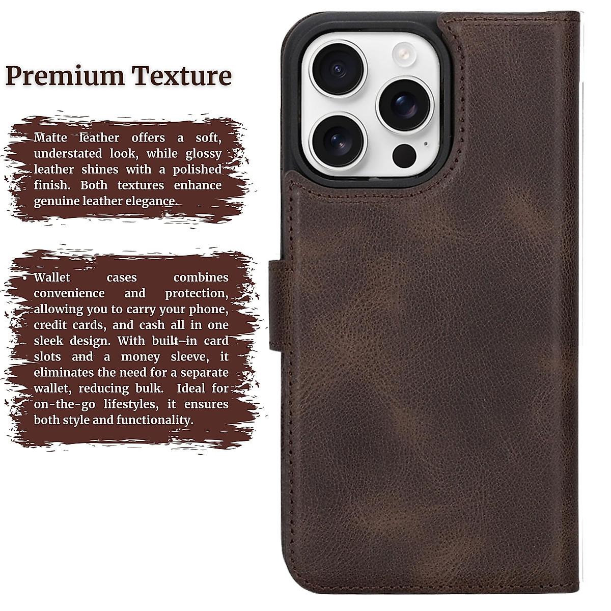 VENOULT Detachable Leather Wallet Case for iPhone 15 Pro, Man or Women Folio Cover, Compatible with Magsafe, RFID, Genuine Leather Card Holder Flip Case, Kick Stand (Chocolate Brown)