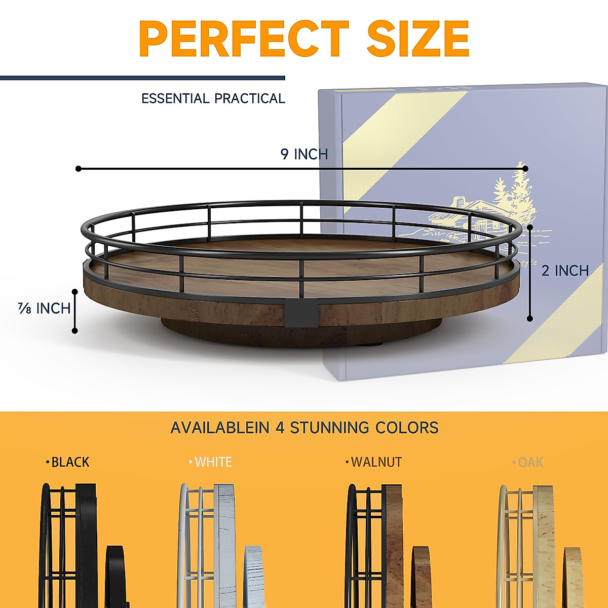 Farmhouse Oak 9" Lazy Susan Turntable Organizer for Cabinet, Round Wooden Lazy Susan Organization and Storage for Dining Table, Pantry, Kitchen, Countertop, Cupboard,Home Decor, Walnut Wood