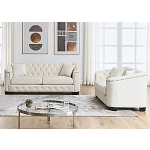 JEEOHEY Sofa,Chesterfield Sofa,Velvet Sofa Couch,Oversized Loveseat Sofa,2 Seater Sofa Chair with Button Nailhead,Upholstered Deep Seat Sofa,Futon Couches for Living Room,Bedroom,Office(Beige