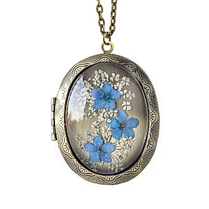 JewelryLand Handmade Oval Shaped Pressed Flower Vintage Photo Locket Resin Long Necklace (Forget Me Not), blue, pink, yellow, purple