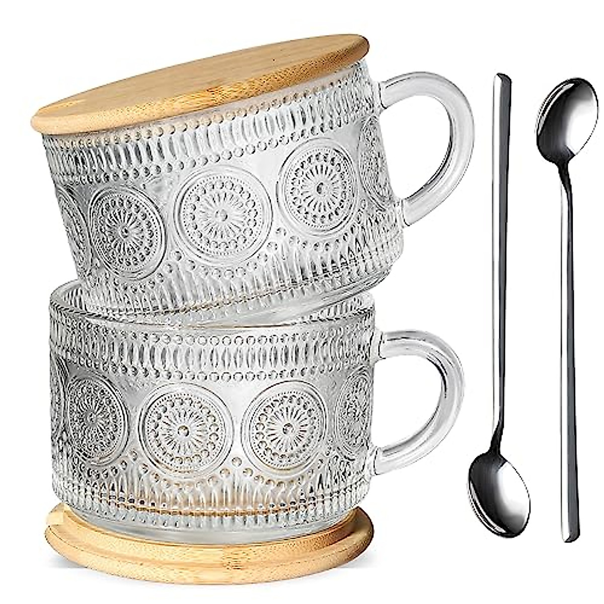 GMISUN Vintage Coffee Mugs, 14oz Glass Coffee Mug Set with Bamboo Lids, Large Clear Coffee Mug with Spoons, Big Coffee Cup Set with Handle, Clear Coffee Cups for Coffee, Iced Coffee (2 Pack)
