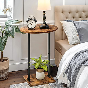 Eufrozy Round End Tables for Small Spaces, 24" Wood Couch Side Table with Fabric Basket, Oval Sofa Accent Table for Living Room Bedside Bedroom Drink Corner-Rustic Brown