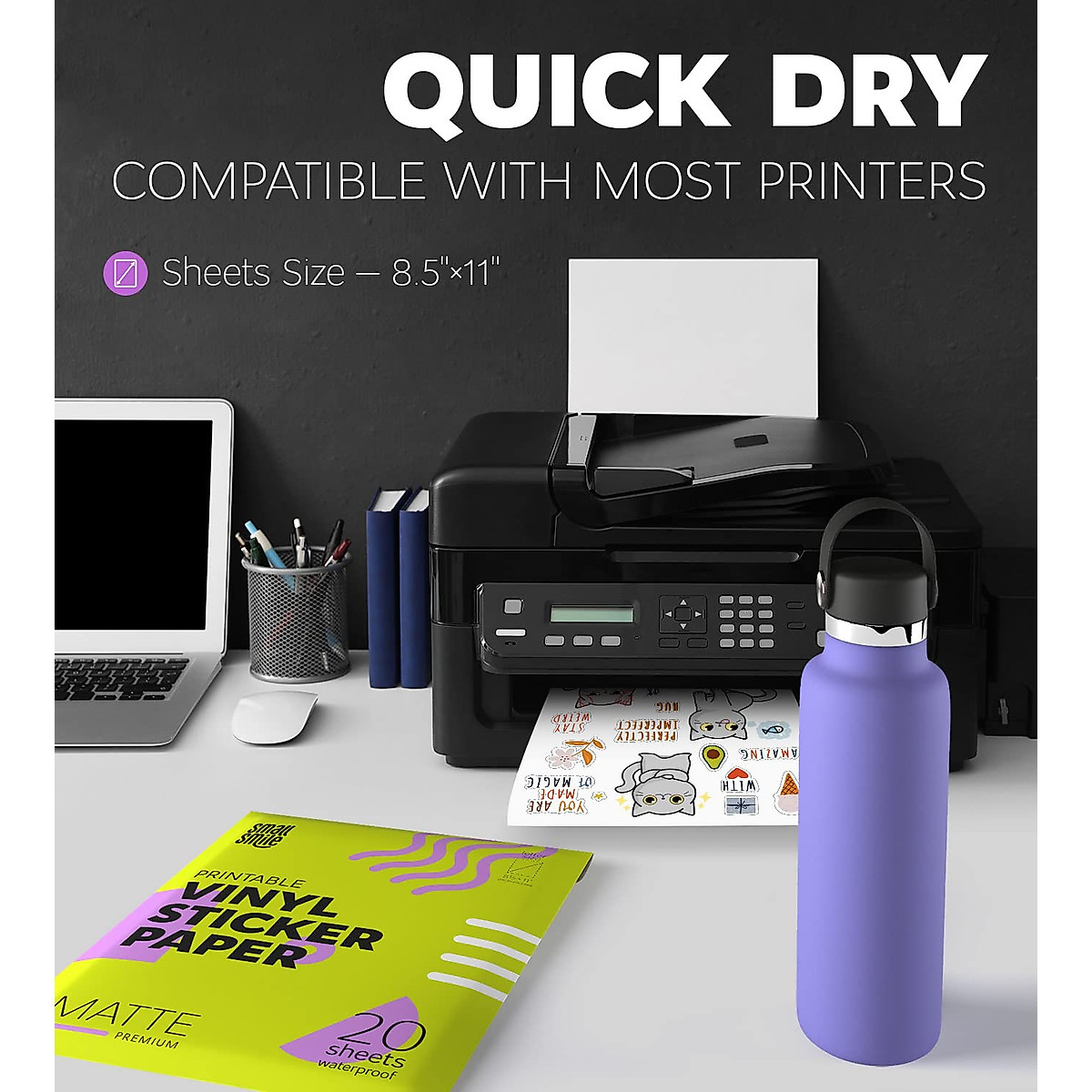Premium Printable Vinyl Sticker Paper for Inkjet Printer and Laser - 20 White Matte Sticker Paper Waterproof - Durability Adhesive Paper 8.5 x 11, Fast Dry, Holds Ink Well, Great for Cutting Machines