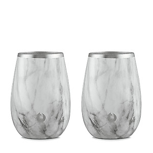 SNOWFOX Premium Vacuum Insulated Stainless Steel Classic White Wine Glass - Set of 2 -Chilled Wine Stays Icy Cold -Lightweight Stemless Cocktail Glasses -Elegant Home Entertaining Barware -8oz -Marble