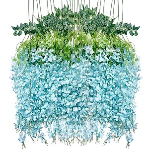 WONICE Artificial Flowers Hanging Flowers, Fake Wisteria Flower Garland Silk Vines Rattan String Decor for Home Wedding Arch Wall Garden Greenery Bedroom Outdoor Office Party Decoration (48 Pack)