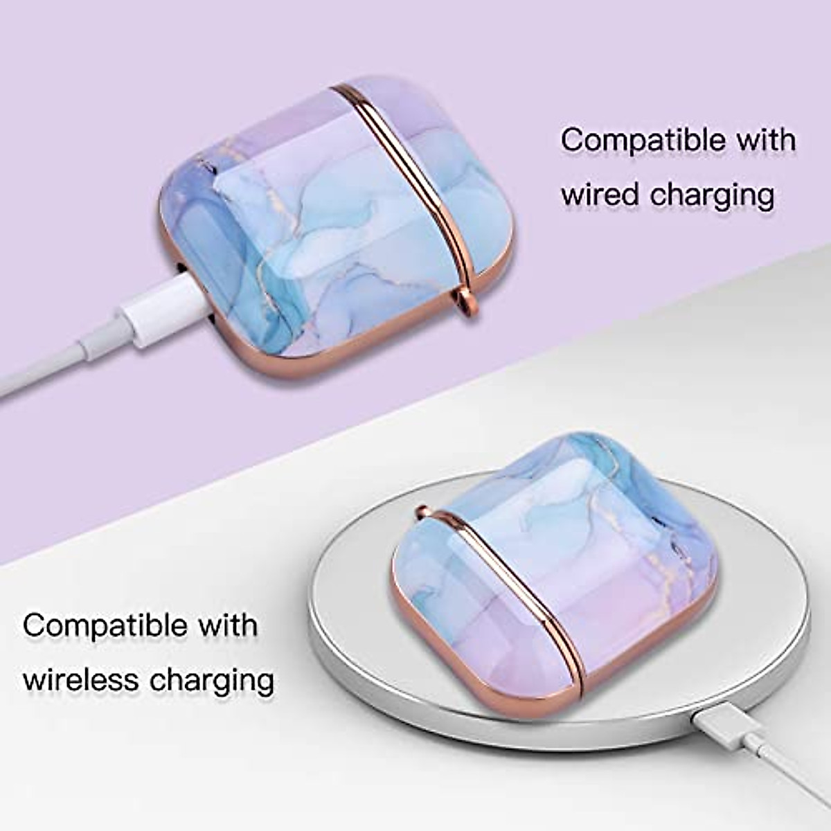 OLEBAND Airpod Case Cover with Keychain and Cute Skin,Hard and Shockproof iPods Case Cover for Women and Girls,Accessory Sets Air pod 2 and 1(Watercolor Marble)