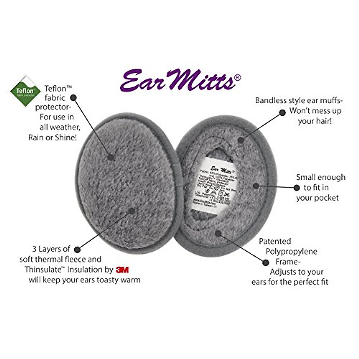 EAR MITTS 2 Pack Bundle Fleece Bandless Winter Ear Muffs, Black & Gray, Regular