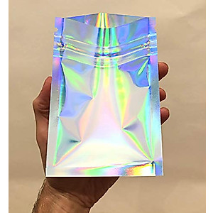 50 - 4x6" Holographic Rainbow Flat Ziplock Double-Sided Reusable Metallic Food Storage Bags (Iridescent)