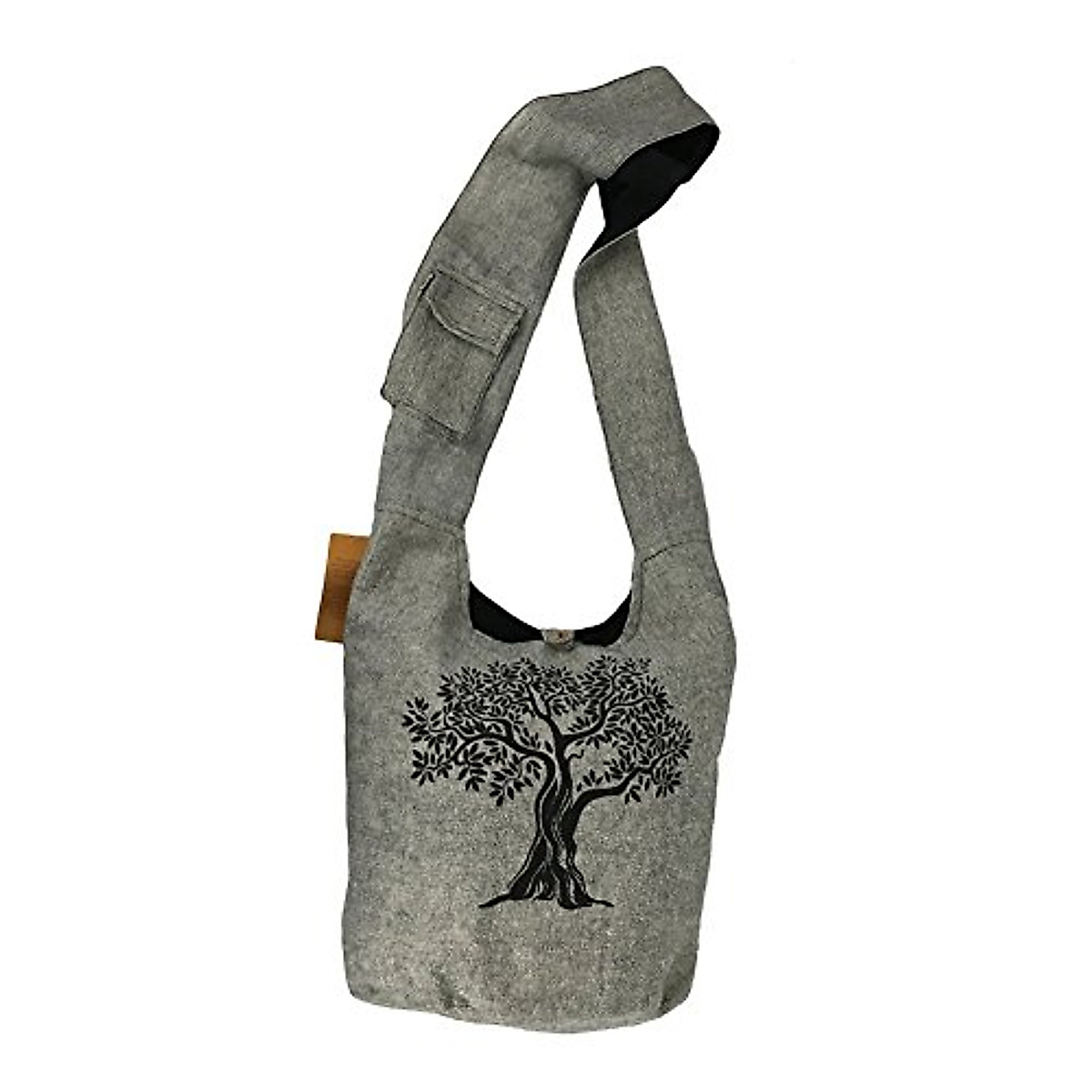 Fair Trade Large Sling Crossbody Shoulder Bag Purse Hippie Hobo Gypsy Bohemian, Grey Tree