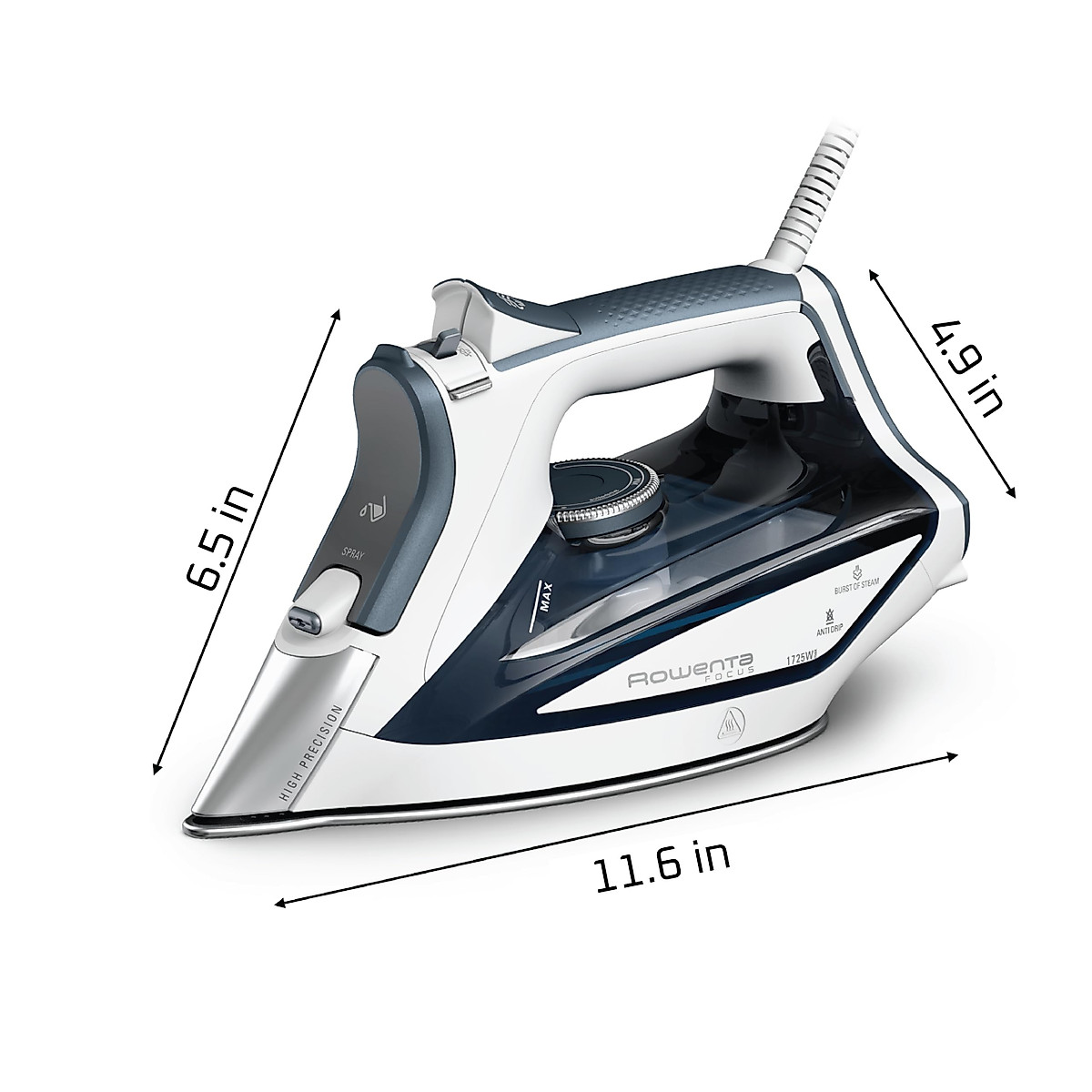 Rowenta Focus Stainless Steel Soleplate Steam Iron for Clothes 400 Microsteam Holes, Cotton, Wool, Poly, Silk, Linen, Nylon 1725 Watts Portable, Ironing, Garment Steamer DW5280