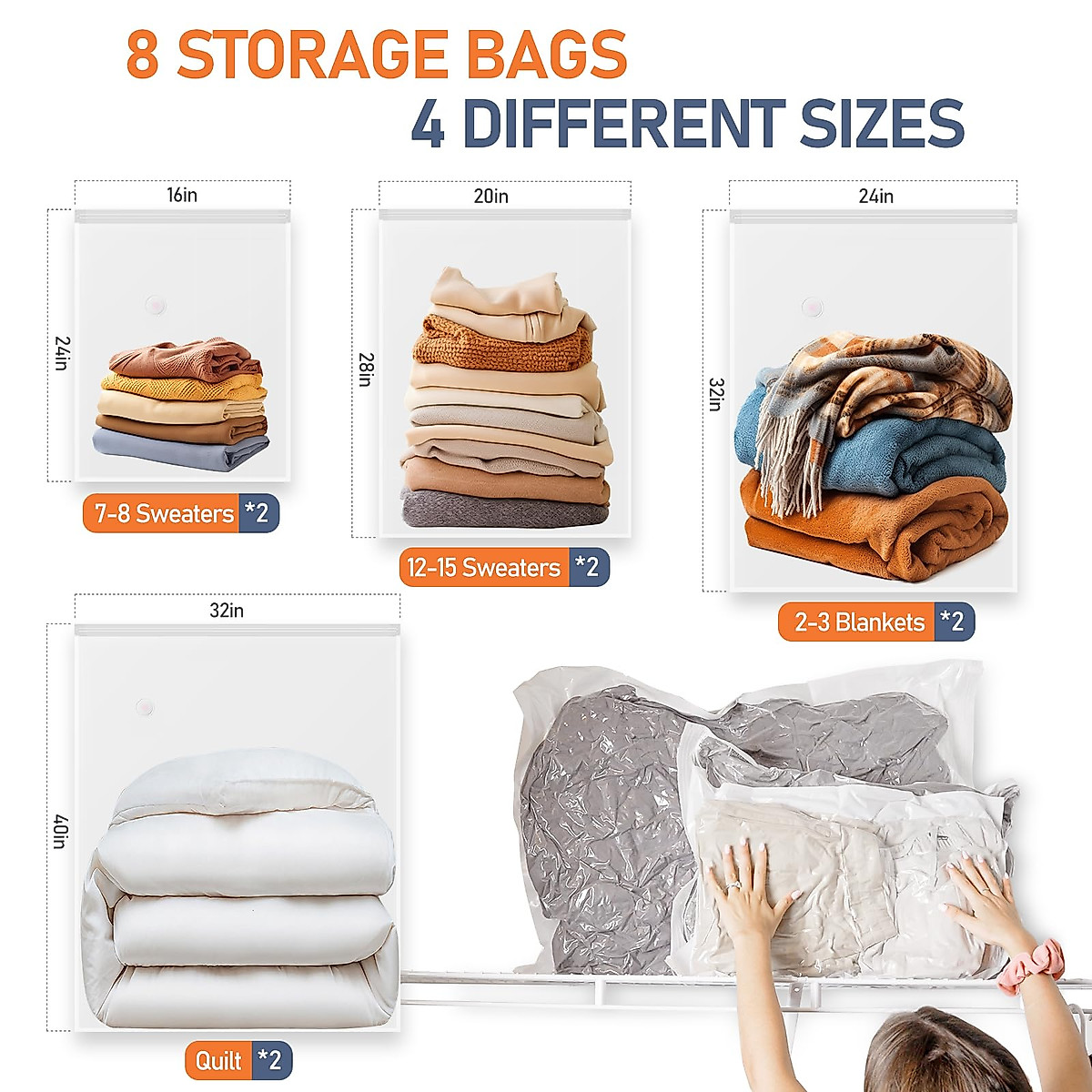 Vacbird Vacuum Storage Bags with Electric Pump, 8 Pack Space Saver Bag (2 Jumbo, 2 Large, 2 Medium, 2 Small) Compression for Clothing, Comforters, Blankets, Duvets, Pillows, Sealer Clothes Storage