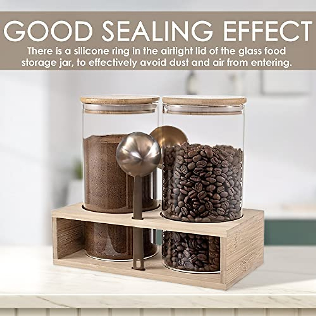 2 PCS Coffee Containers, Sealed Glass Containers with Spoon for Ground Coffee, Beans, Tea, Sugar, Nuts and Loose Tea Storage Jars 2x 45oz