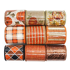 CT CRAFT LLC Christmas Wired Ribbon Assortment 27 Yards (2.5 Inch Wide 3Yards 9Rolls) for Christmas Fall Home Decor, Gift Wrapping, Bow Making, Wreath, DIY Crafts