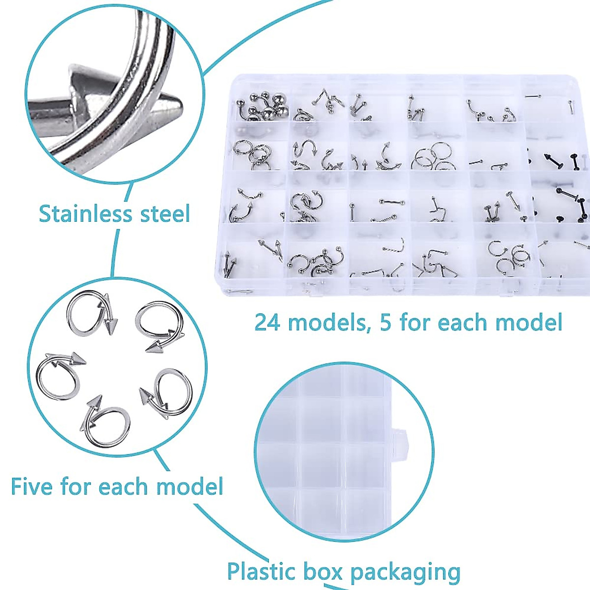 120 Pcs Piercing Jewelry With 24 Grid Storage Box Earring Hoops Lip Nose Rings Navel Rings Barbells Stainless Steel Jewelry Mixed Set 120 Pcs