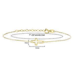 MIONZA 14k Solid Gold Cross Bracelet for Women, Bracelets, Real Gold Sideways Adjustable Cross Bracelet, Gold Plated Bracelet for Women, Christian Baptism Gift