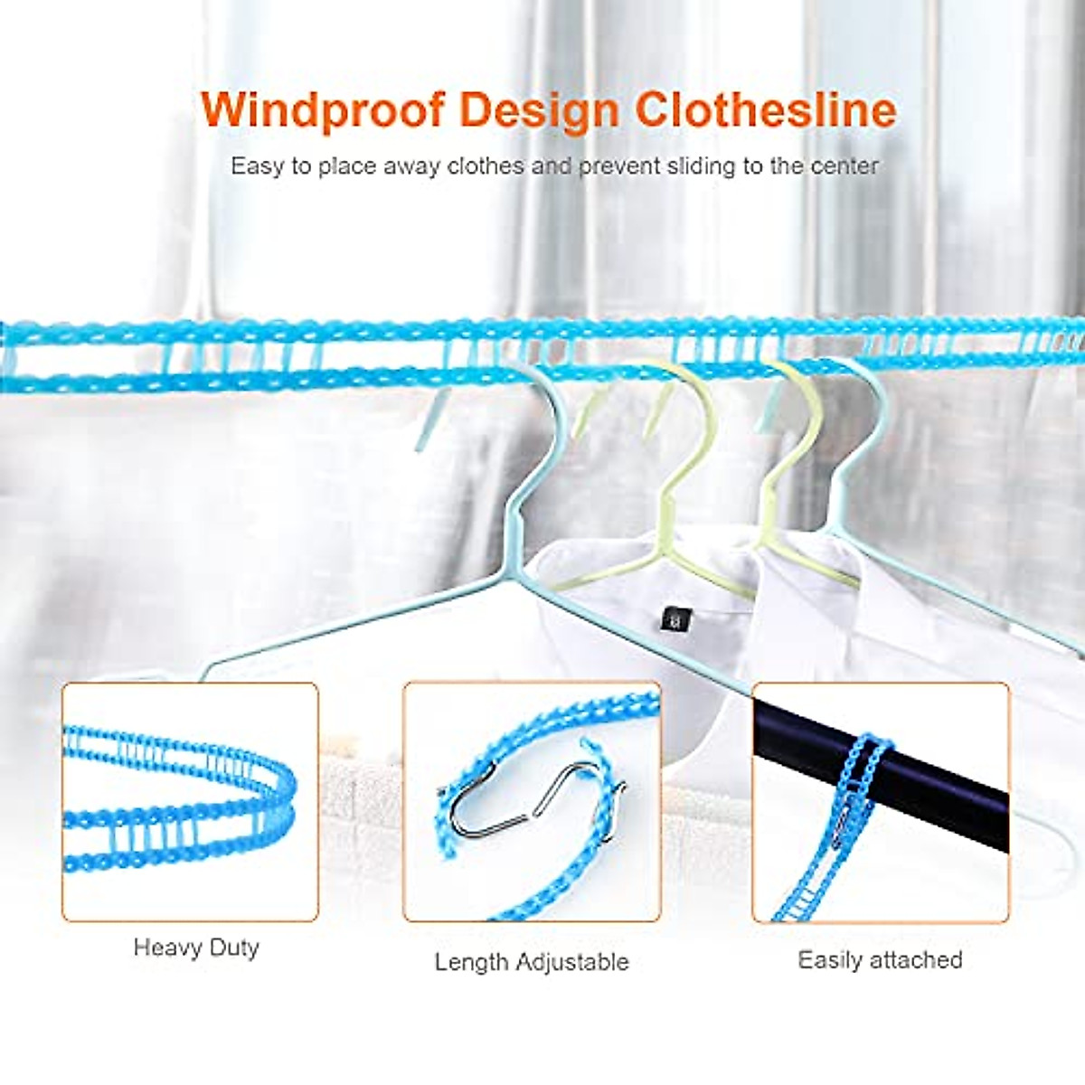 HISAFA 2 Pack Portable Clothes Line with Hooks 16.4 ft Nylon Blue