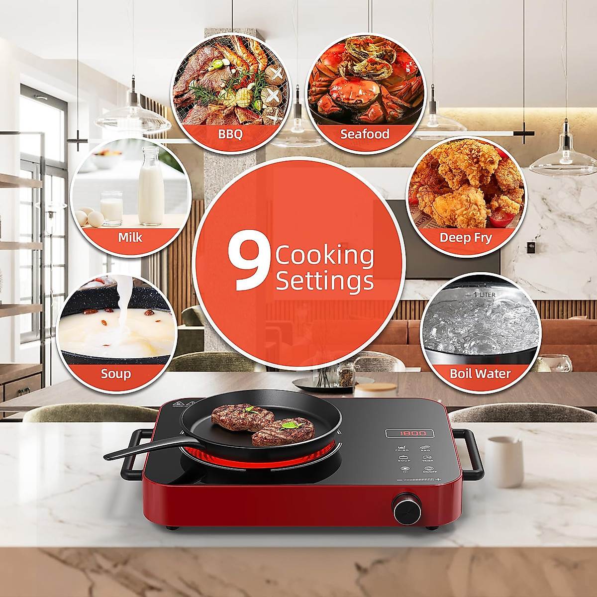 Portable Electric Cooktop, Electric Stove Single Burner Ceramic Cooktop 110v with Plug, Hot Plate Electric Countertop, Child Safety Lock, Timer,1800W Infrared Burner,Touch and Knob Control