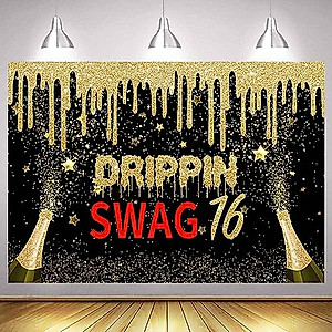Sensfun Drippin Swag 16 Birthday Backdrop Boys Black Gold Hip Hop Happy 16th Birthday Party Decorations Photography Background Teenager Boy 16 Years Old Birthday Banner Supplies 7x5ft