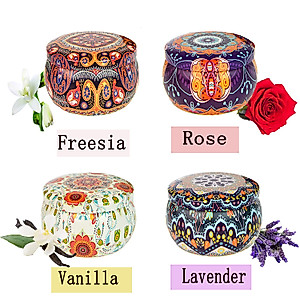 Scented Soy Candles Aromatherapy Gift Set: Rose Lavender Vanilla Jasmine 4pcs Natural Wax 4.4 Ounce Travel 100% Soy Wax Tin Fragrance Relaxing Stress Relief Aroma Home Bath Spa Gifts for Women