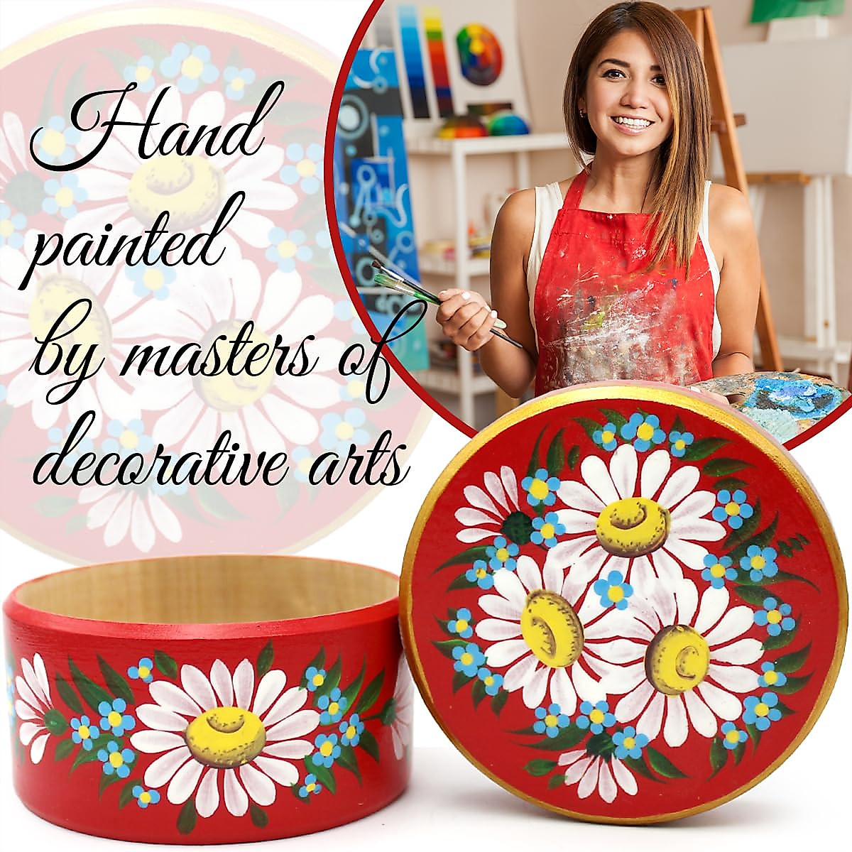 AEVVV Red Round Wooden Trinket Box with Lid for Jewelry - Decorative Wooden Box with Hand Painted Slavic Floral Design - Lacquer Engagement Ring Box Flowers