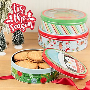 3 Christmas Cookie Tins- Round Christmas Cookie Tins with Lids for Gift Giving, Christmas Tins Holiday Cookie Boxes, Christmas Tins for Cookies and Gifts- 3 Nested Metal Cookie Tins