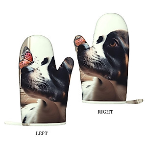 Dog and Buterfly Printed Oven Mitts Heat Resistant Oven Gloves Non-Slip Silicone Kitchen Gloves for Cooking Baking BBQ Gloves 1 Pair
