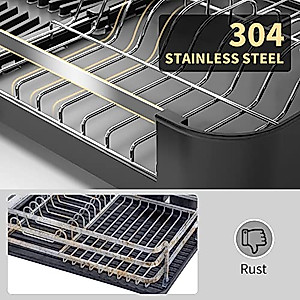 Dish Drying Rack, Expandable Dish Rack for Kitchen Counter(14'' to 20") Auto-Drain Stainless Steel Cutlery Rack and Utensil Holder, Kitchen Dish Drainer Rack - Black